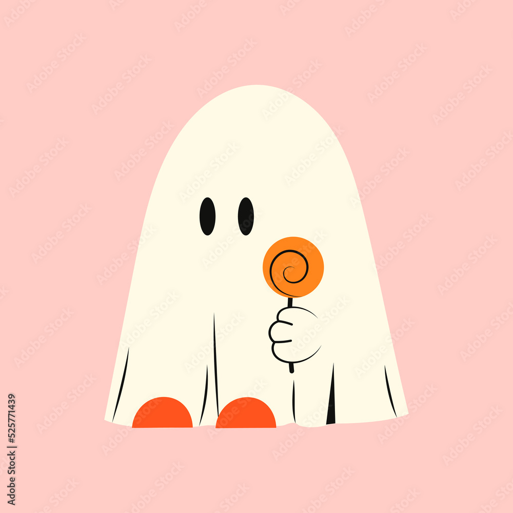 Halloween ghost with candy on a stick. Kawaii phantom in white clothes ...