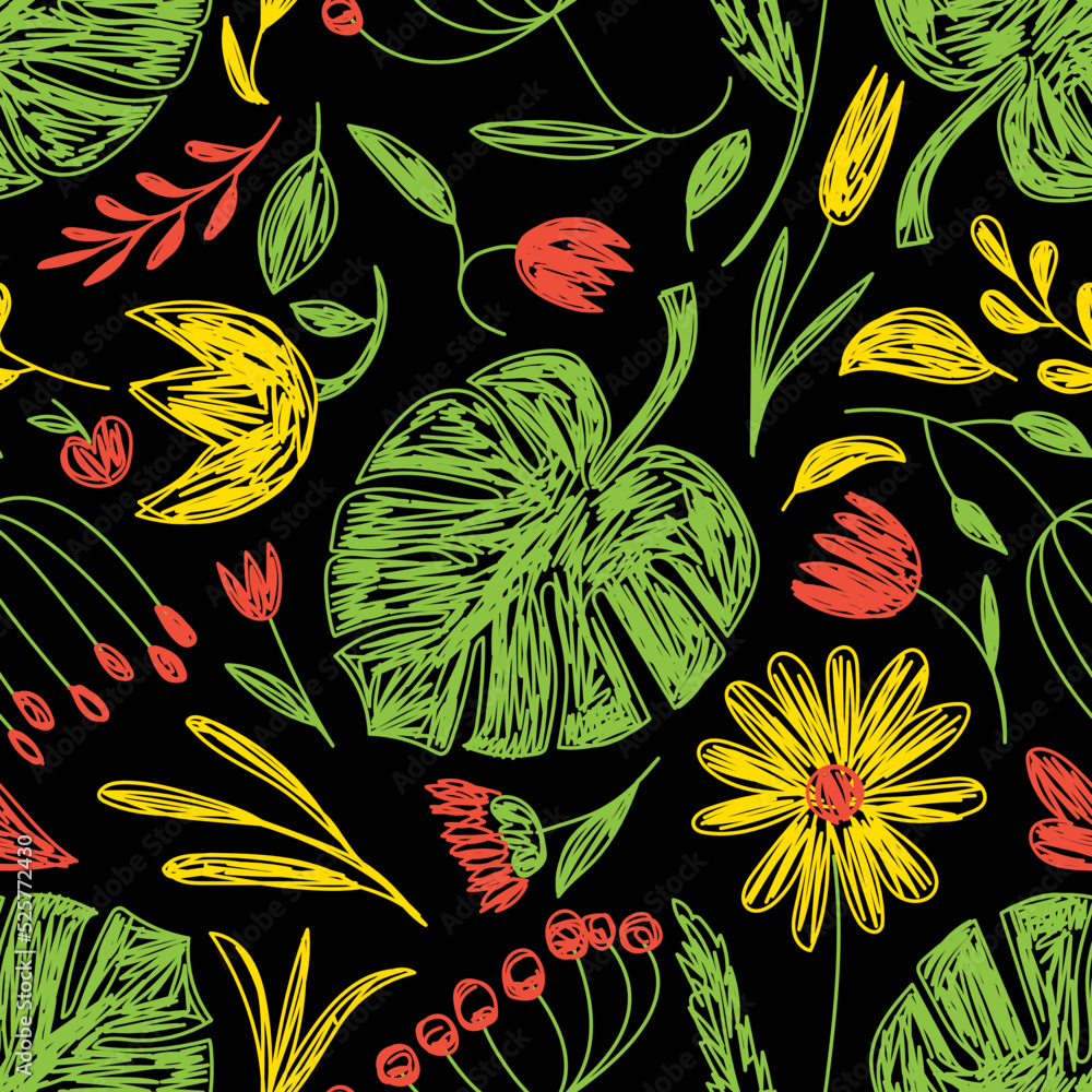 Floral seamless pattern. Color vector flowers illustration set. Pen or ...