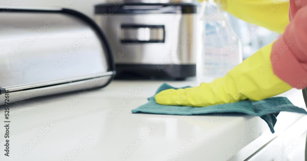 Cleaning, health and safety with the hands of a house maid in gloves ...