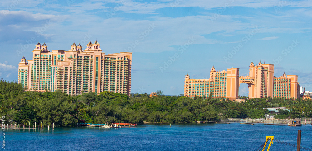 Panoramic view of Atlantis buildings in Nassau, The Bahamas, with blue ...