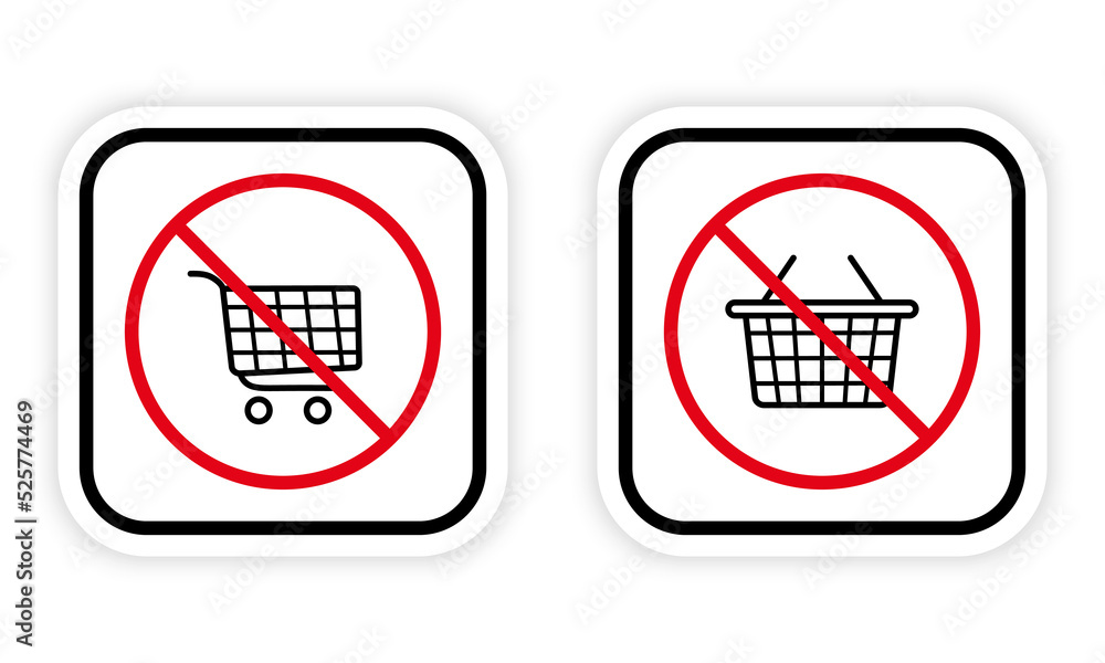 Basket Shop Cart Red Stop Symbol Set. Supermarket Trolley Ban Black ...
