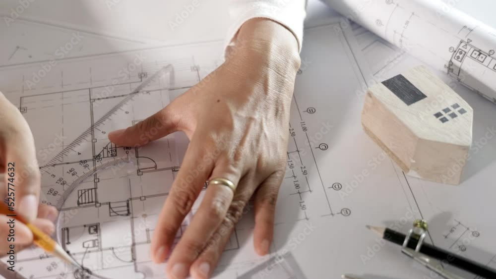 Architectural project workspace. Top view of architect drawing with ...