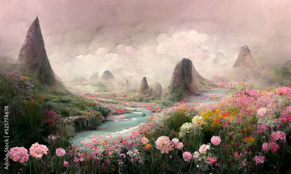 dreamy surreal landscape small river , and flower field, pastel colours ...