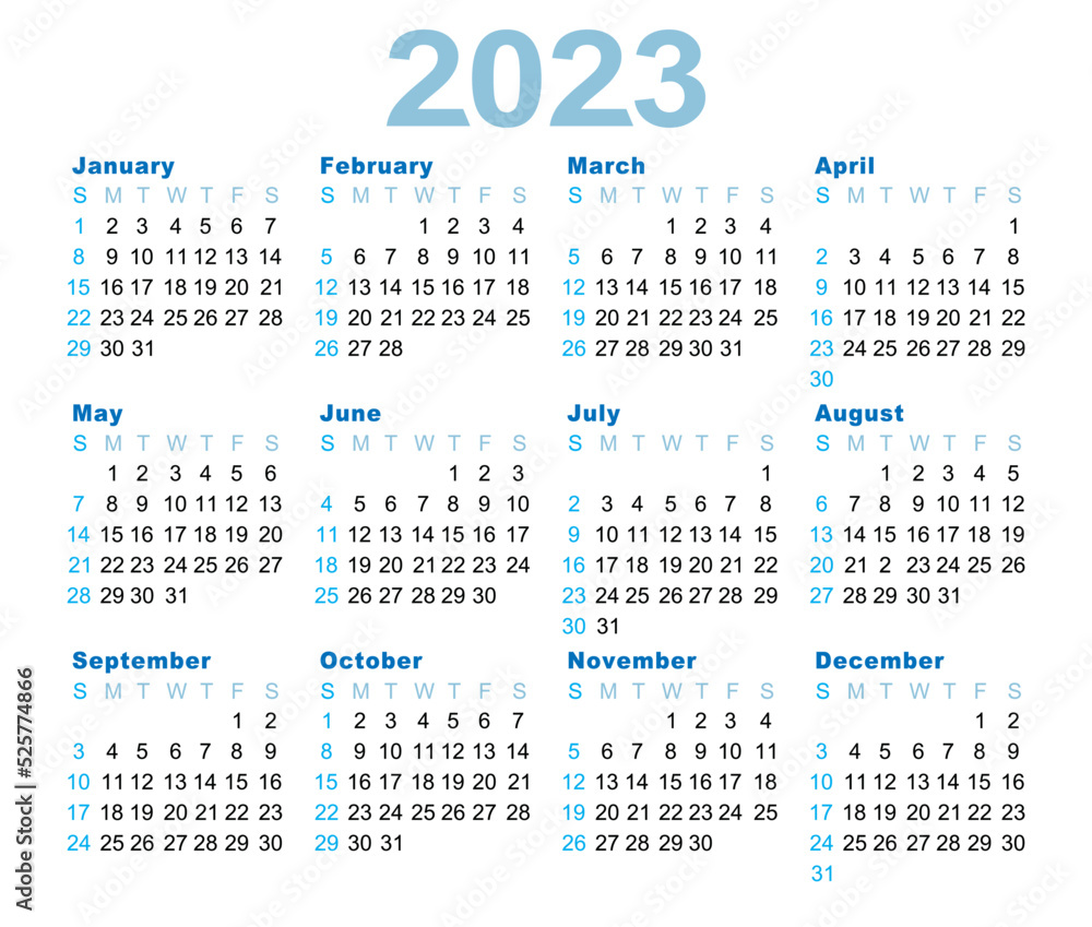 2023 Calendar year vector illustration. The week starts on Sunday ...