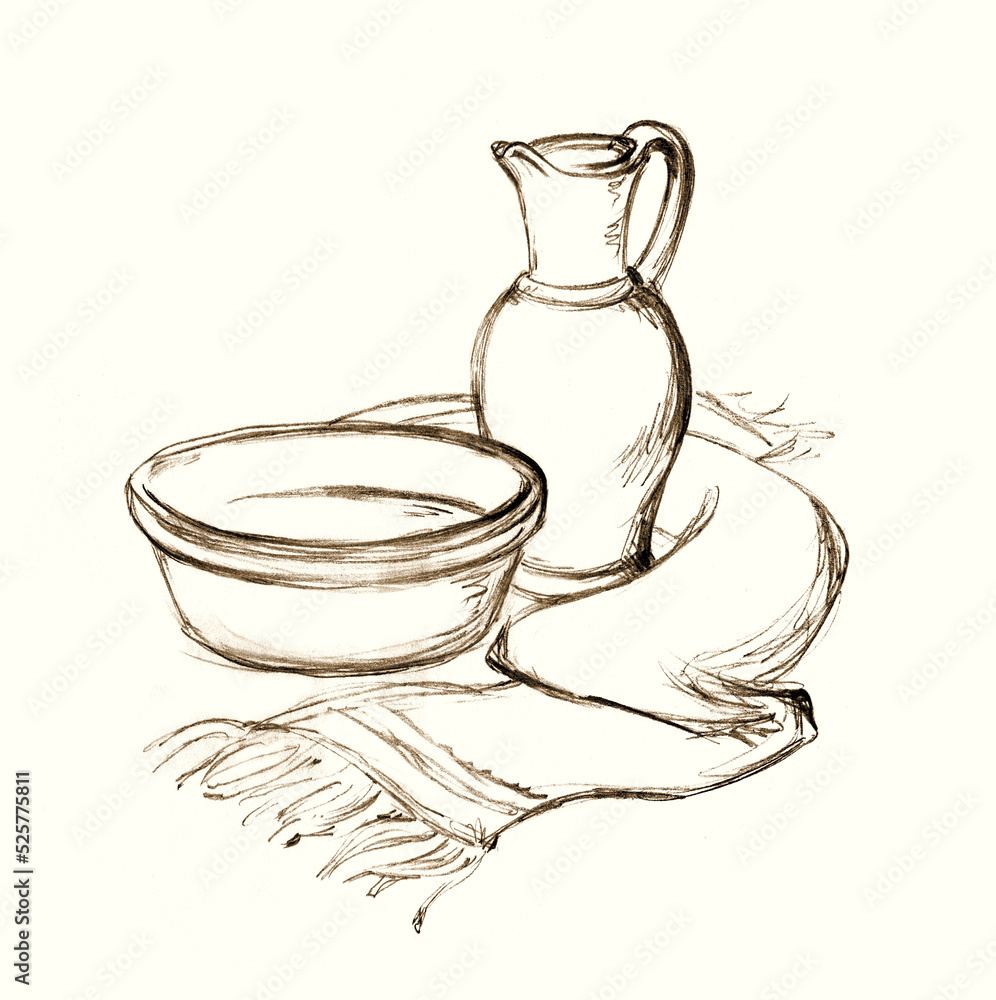 Foot washing. Pencil drawing scene Stock Illustration | Adobe Stock