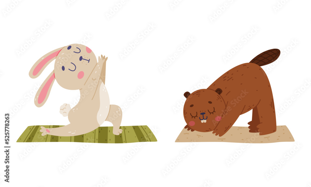 Cute animals doing yoga. Cat and beaver performing yoga asanas set ...