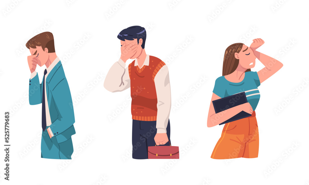 Stressed people set. Frustrated, tired man and woman having unsatisfied ...