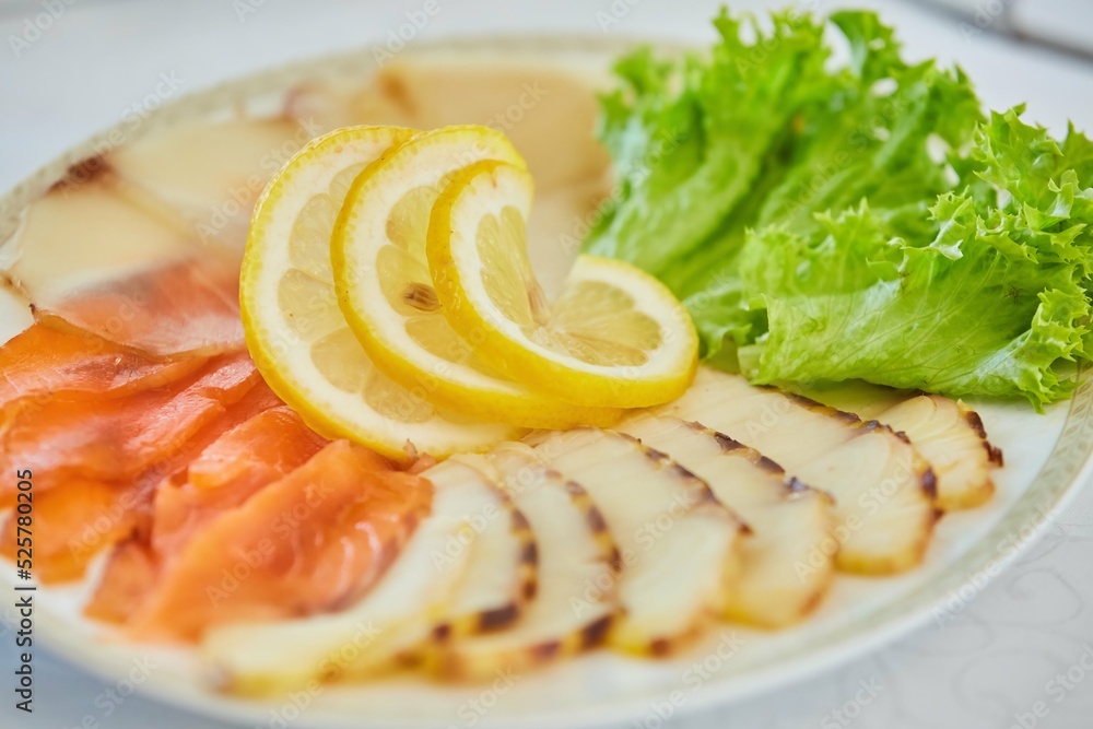 The food in the restaurant fish dish cutting of different types of fish ...