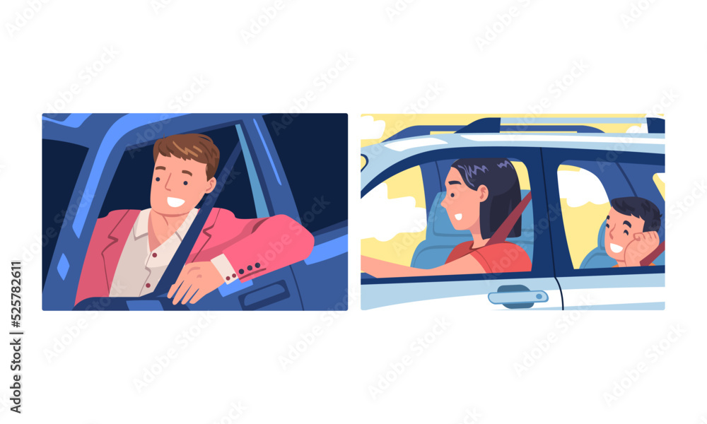 People driving car set. Cheerful man auto driver sitting inside modern ...