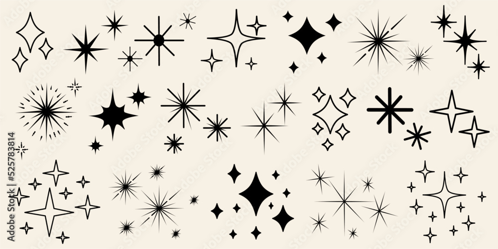 Shiny stars on a light background. Big set of twinkling stars. Star ...