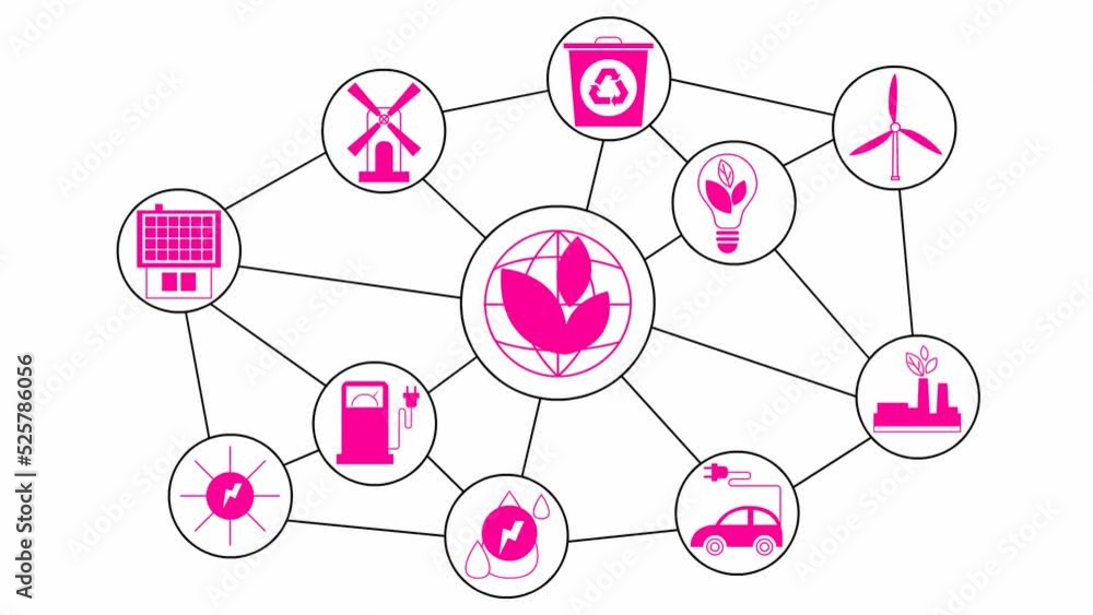 Animated flat eco icons in the white circles. Flat pink symbols for ...