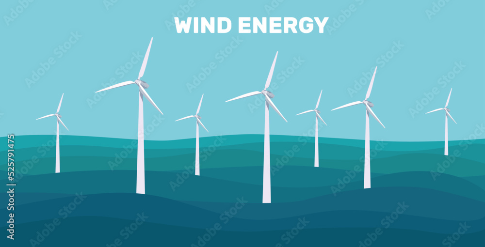 Onshore wind farms. Green energy wind turbines on the sea, in the ocean ...