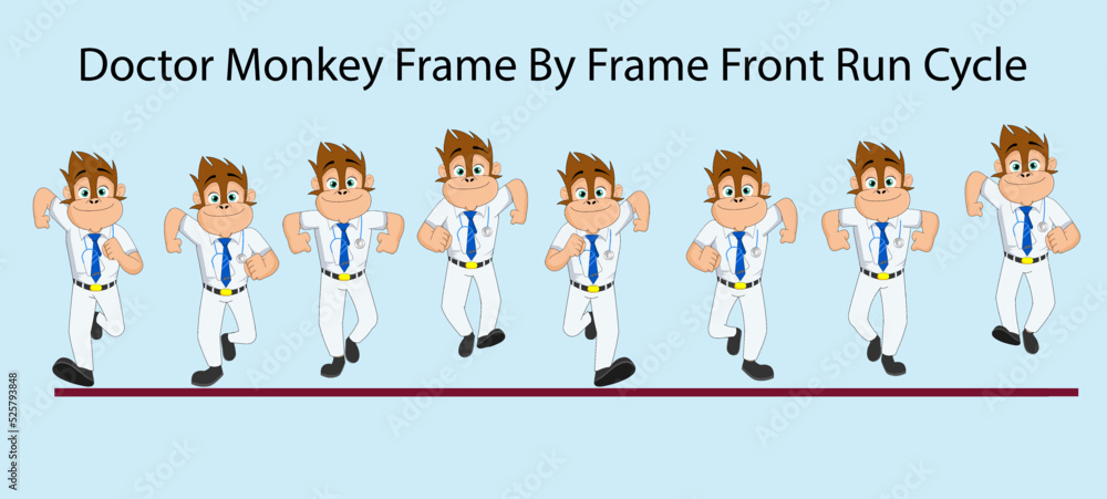 Funny Doctor Monkey Frame by Frame Front Run Cycle Vector Illustration ...