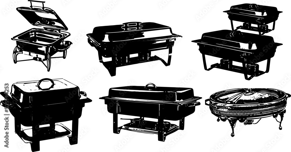 Chafing dish set silhouette, line art vector illustration chafing dish ...