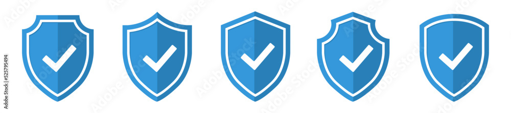 Shield check mark icon set in vintage style. Protect shield security ...