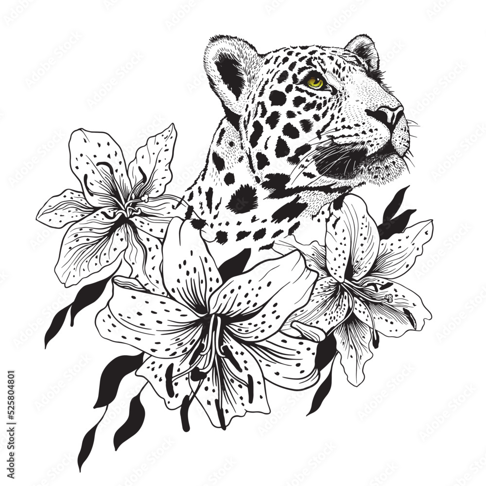 Panther heads in lily flowers. Pencil drawing in a minimalist style ...