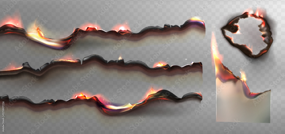 Realistic burn paper borders and holes. Charred pages with burnt uneven ...