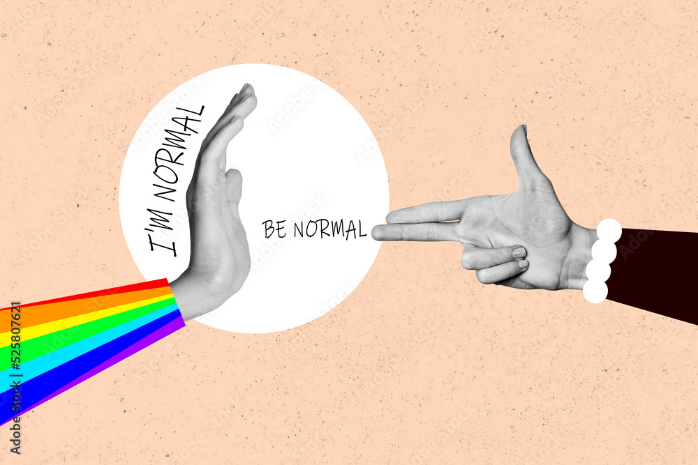 Creative poster collage of two hands shooting gun gesture lfbt rights ...