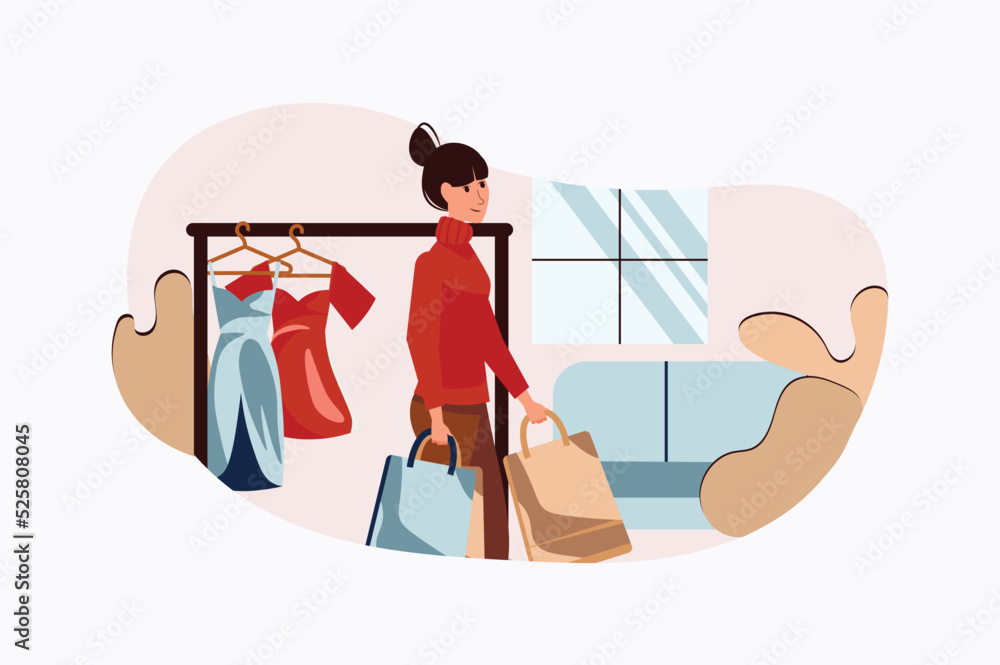 Shopping concept with people scene in the flat cartoon design. Woman ...