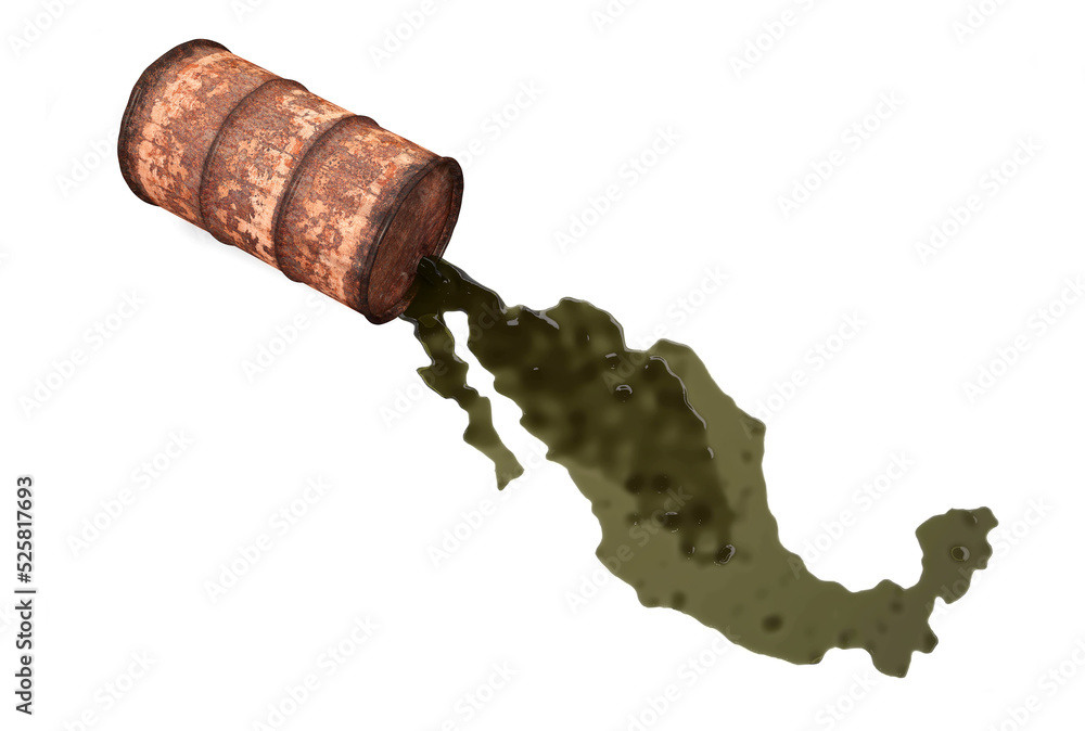 Oil spills from a rusty barrel and forms the shape of the country ...