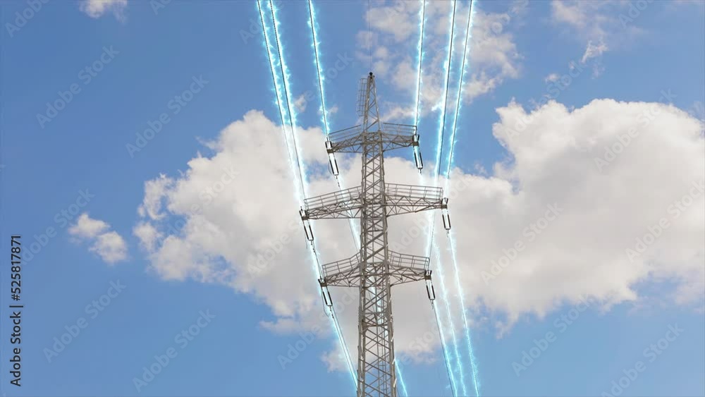 High voltage tower. Visualization of current in wires. High voltage ...