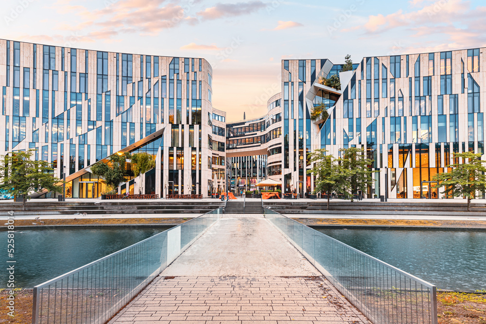21 July 2022, Dusseldorf, Germany: Cityscape with Ko Bogen famous ...