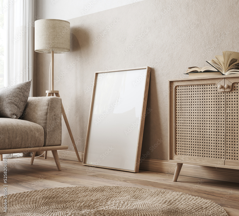 Mockup frame in boho living room interior, 3d render Stock Illustration ...