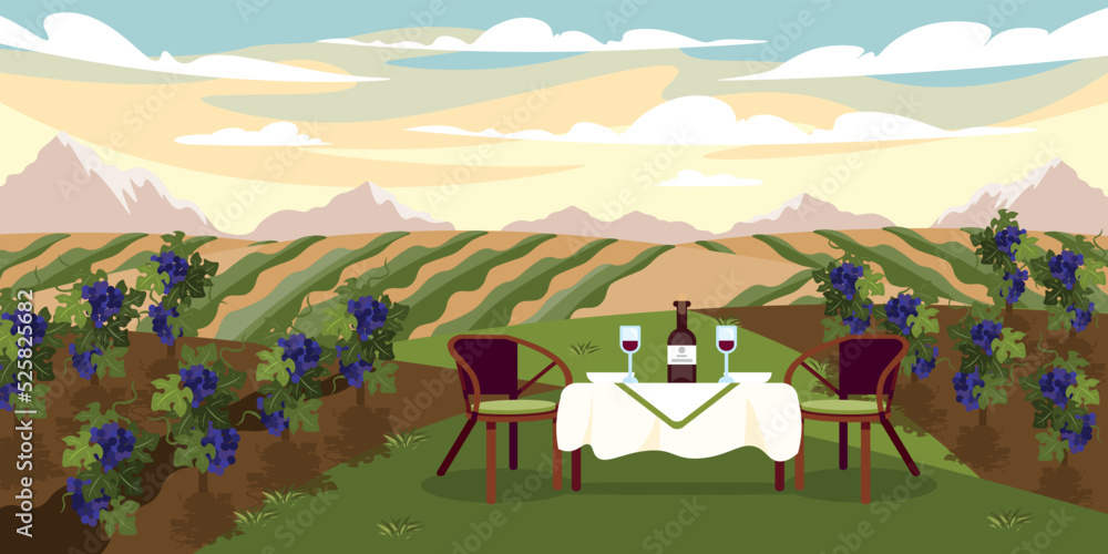 Vector illustration of fertile grape fields. Cartoon mountain landscape ...