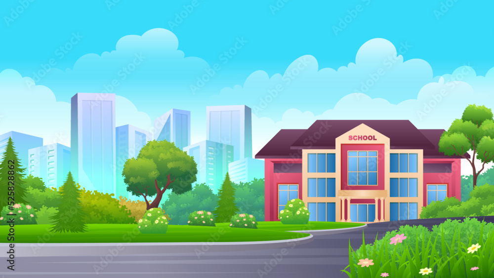 Cartoon school building in the countryside with lush green lawns, grass ...