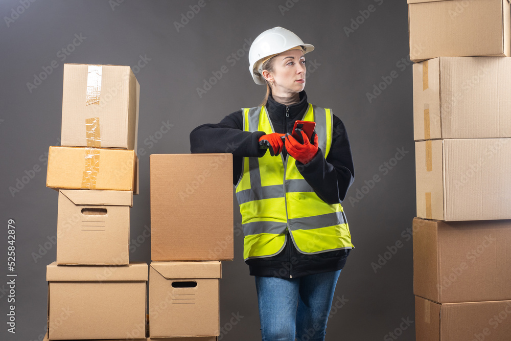 Warehouse worker woman. Girl counts cardboard boxes. Warehouse ...