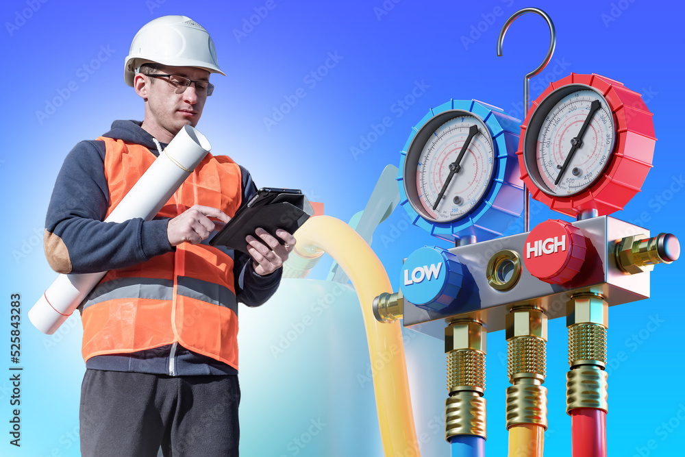 Industrial factory engineer. Freon gas pressure sensors. Man in front ...