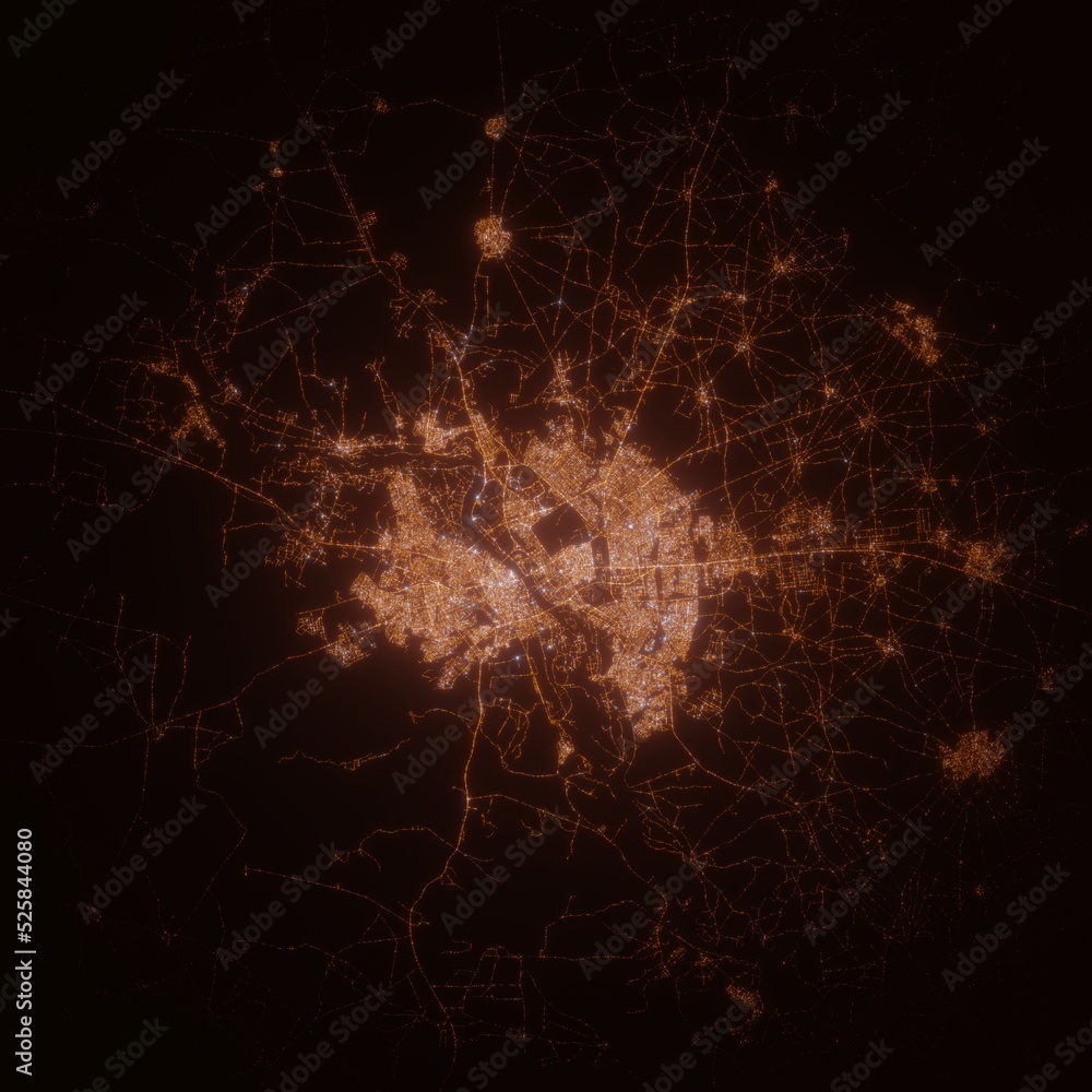 Mosul (Iraq) street lights map. Satellite view on modern city at night ...