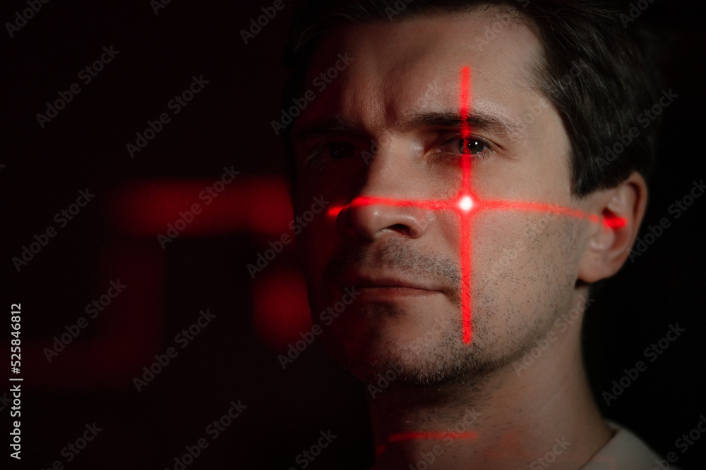 Purpose, technology and human, concept. A young man with projections of ...