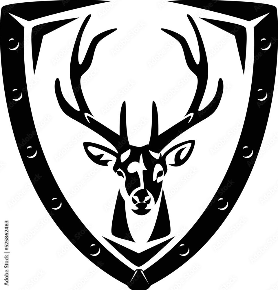 heraldic shield with wild stag with large antlers head for security ...