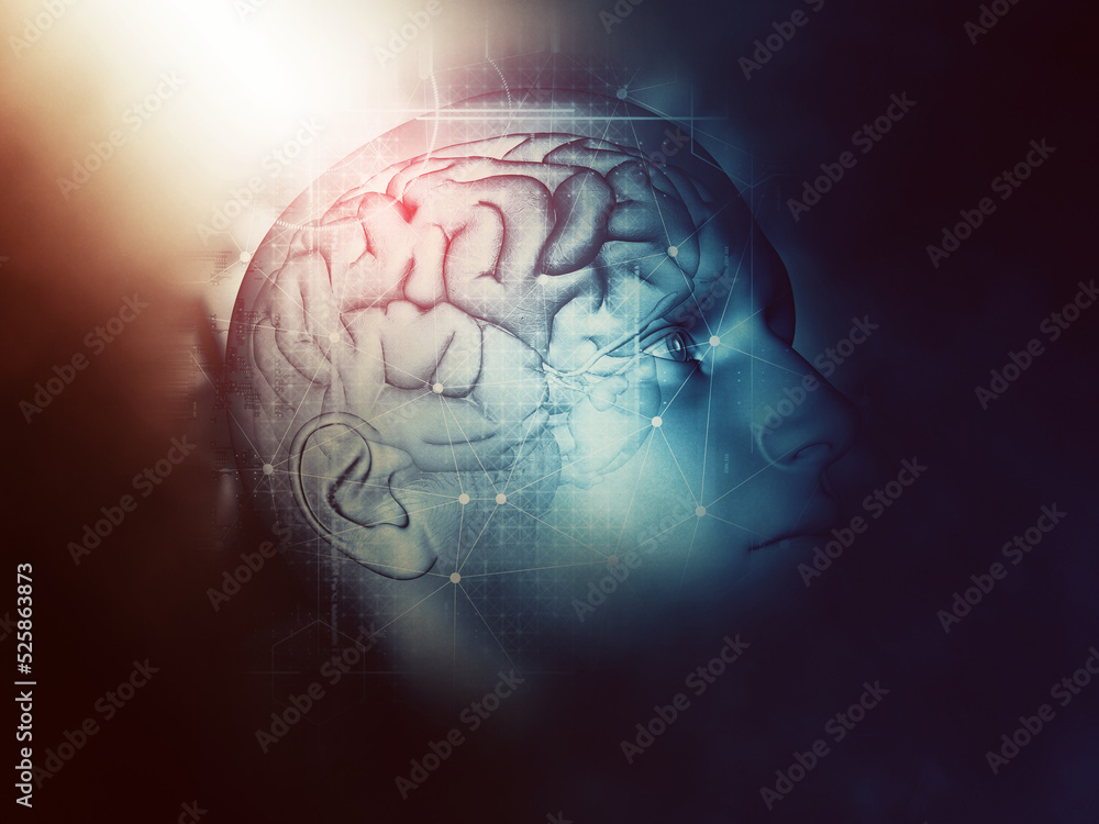3D medical background with male figure and brain highlighted Stock ...