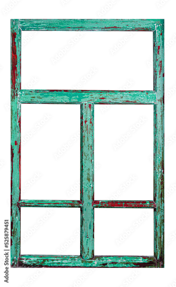 old window framewith remnants of green paint isolated on white ...