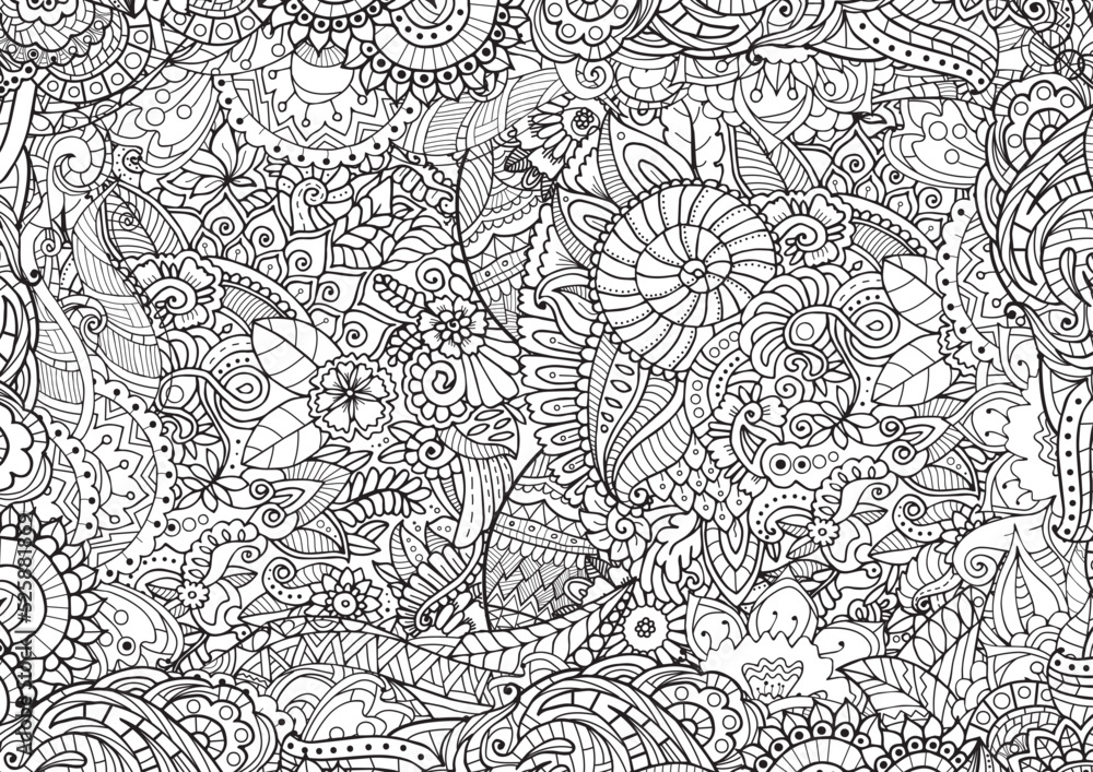 Floral seamless pattern. Outline sketch contour drawing, line art ...