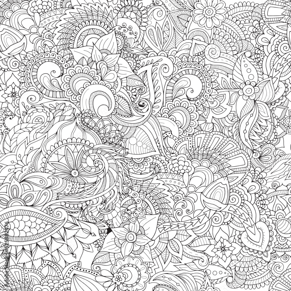 Floral seamless pattern. Outline sketch contour drawing, line art ...