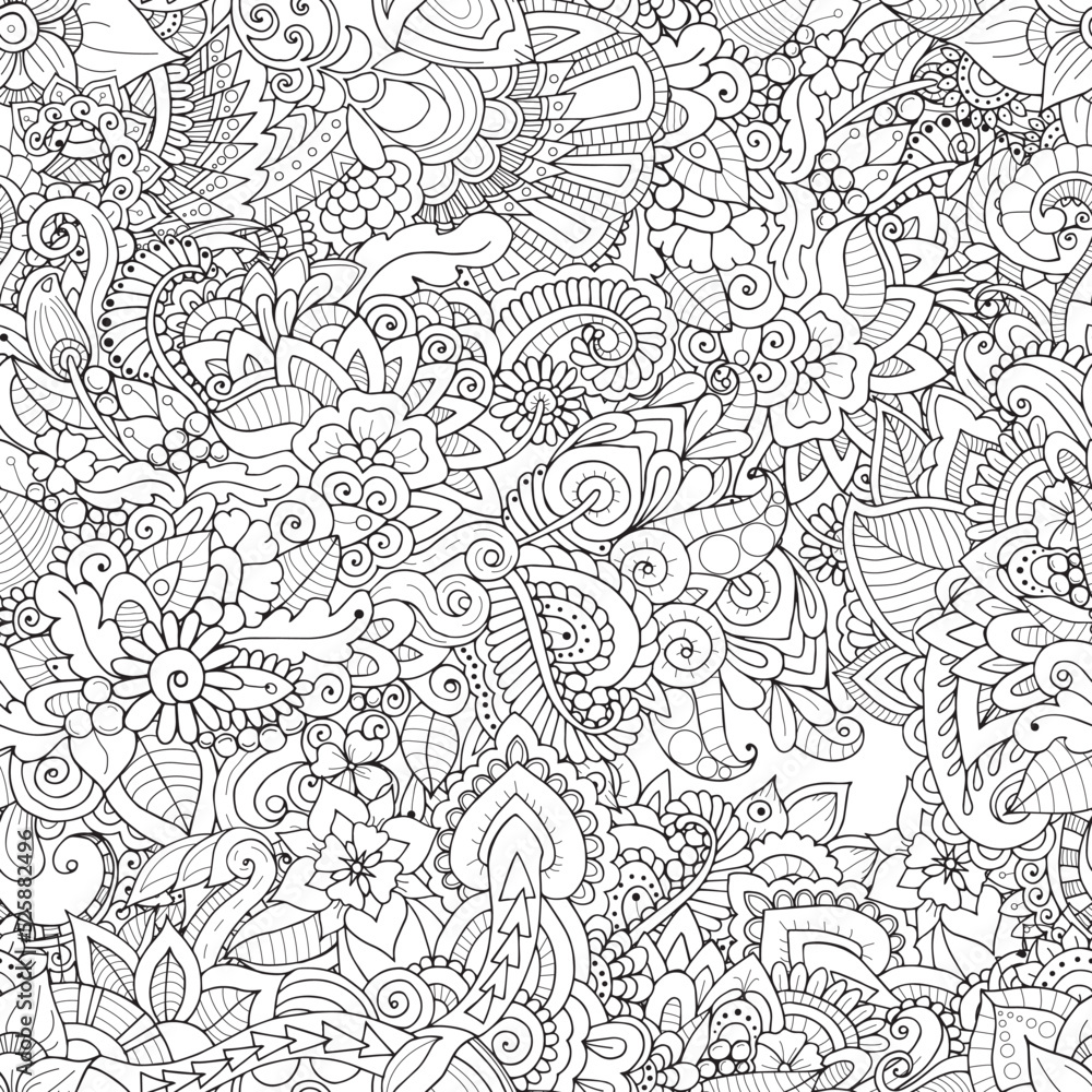 Floral seamless pattern. Outline sketch contour drawing, line art ...