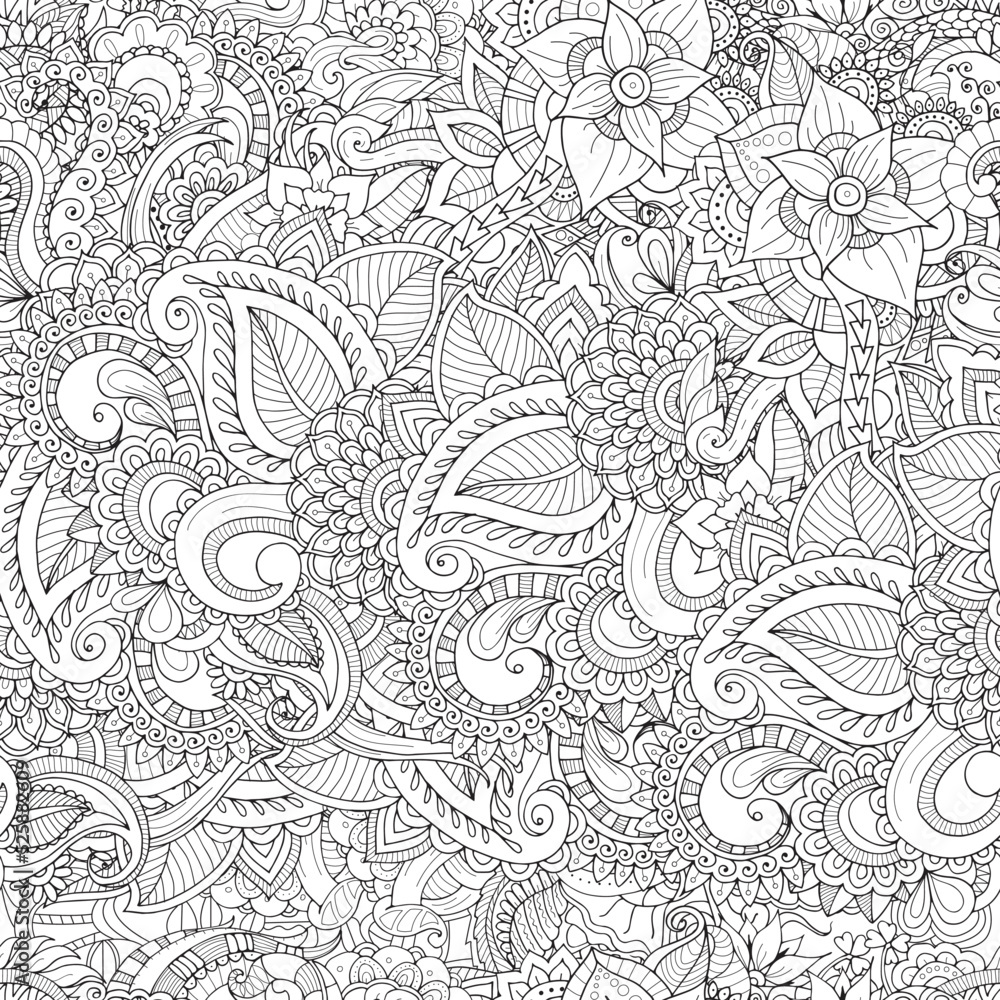 Floral seamless pattern. Outline sketch contour drawing, line art ...
