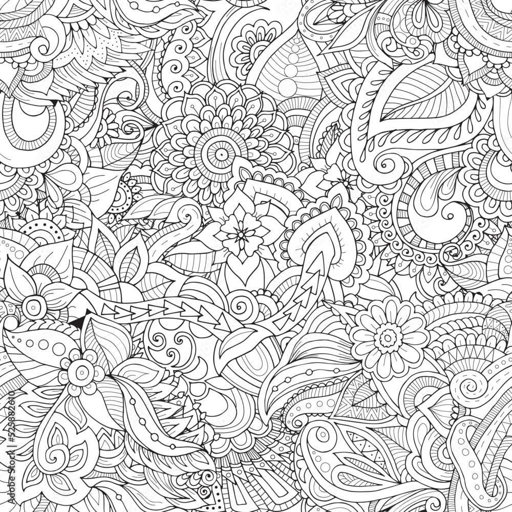 Floral seamless pattern. Outline sketch contour drawing, line art ...