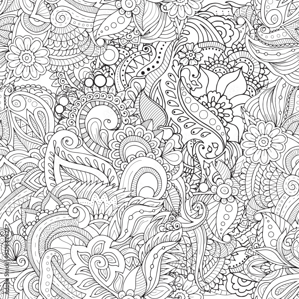 Floral seamless pattern. Outline sketch contour drawing, line art ...