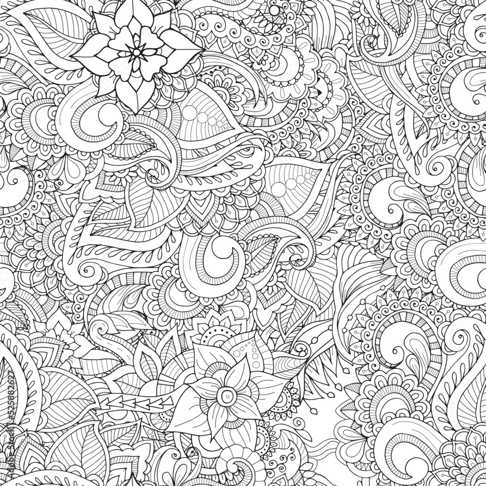 Floral seamless pattern. Outline sketch contour drawing, line art ...