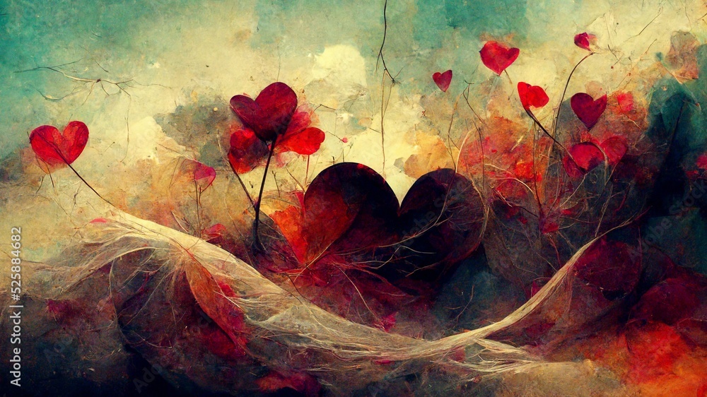 Abstract red hearts painted with acrylic colors. Romantic background ...
