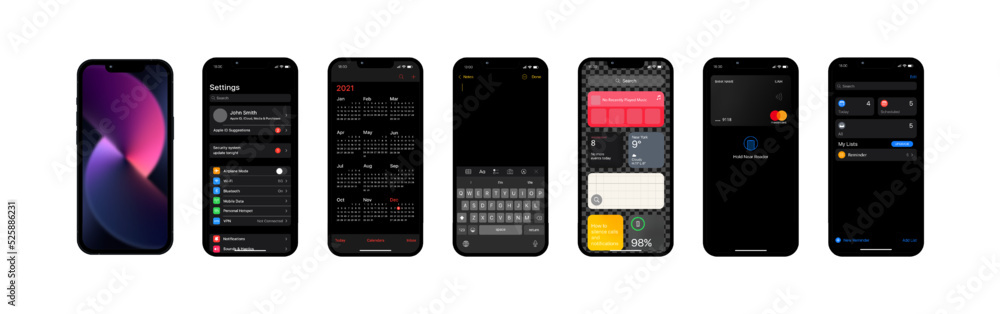 Vector illustration of iPhone 13 with different applications. Settings ...