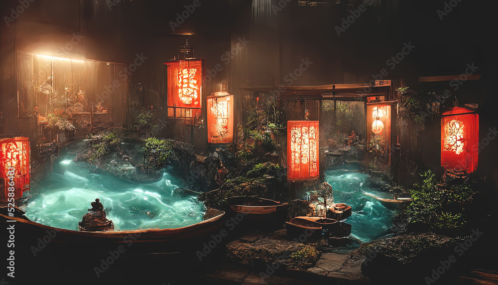Fantasy Japanese landscape spa. Japanese hot springs, ancient ...