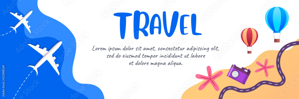 banner template with vector illustration of travel themed background of ...