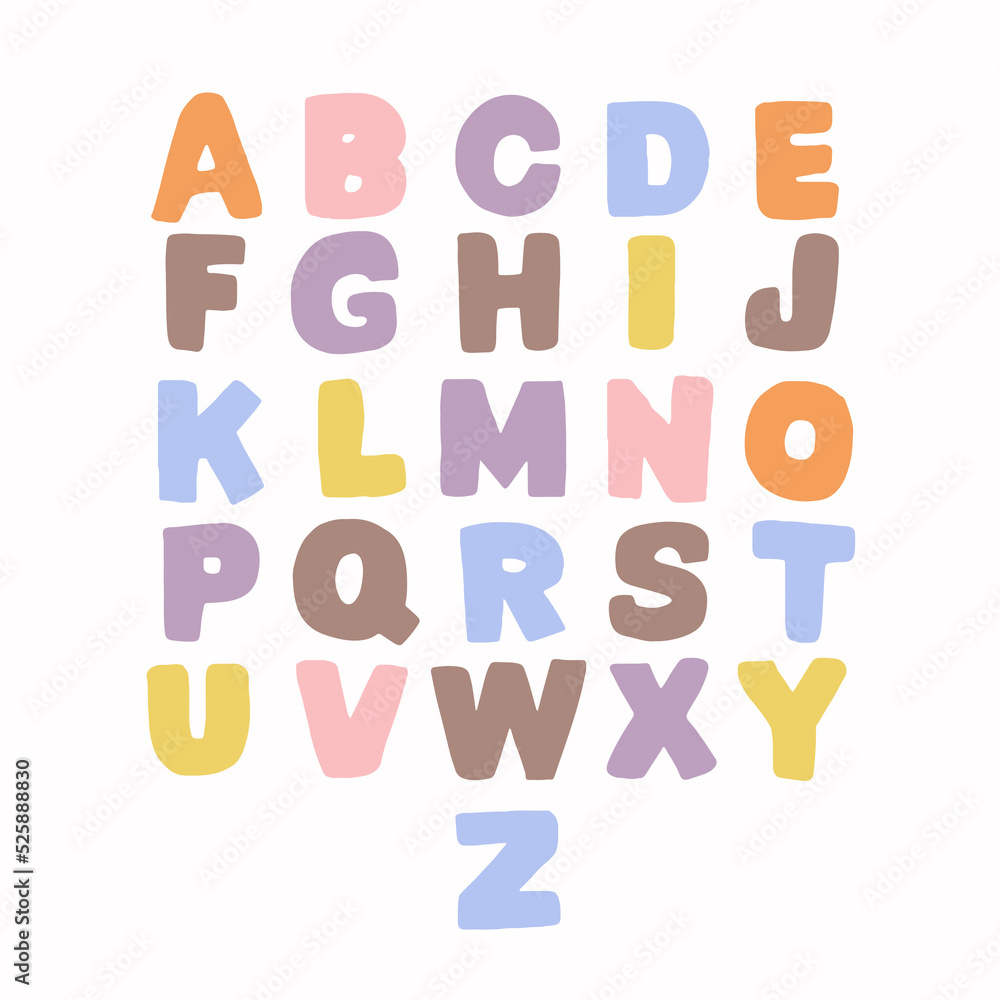 Pastel vector alphabet, hand drawn letters. Kids Alphabet. Cartoon bold ...