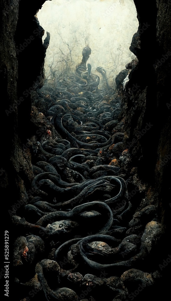 Gothic dystopian horror scene with a cave inhabited by snakes. Artistic ...