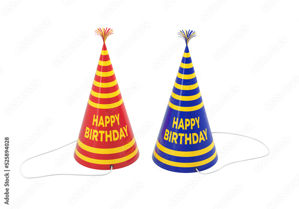 Red and Blue Party Hat With Yellow Stripes and Happy Birthday Text on a ...
